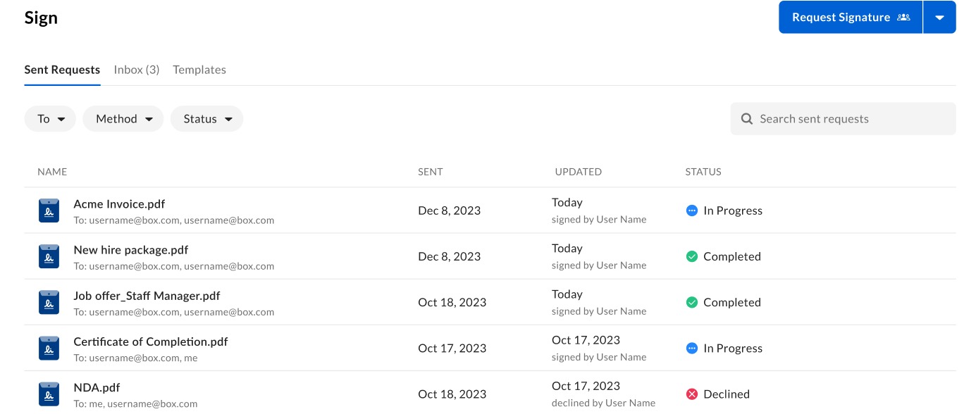 Viewing sign request – Box Support